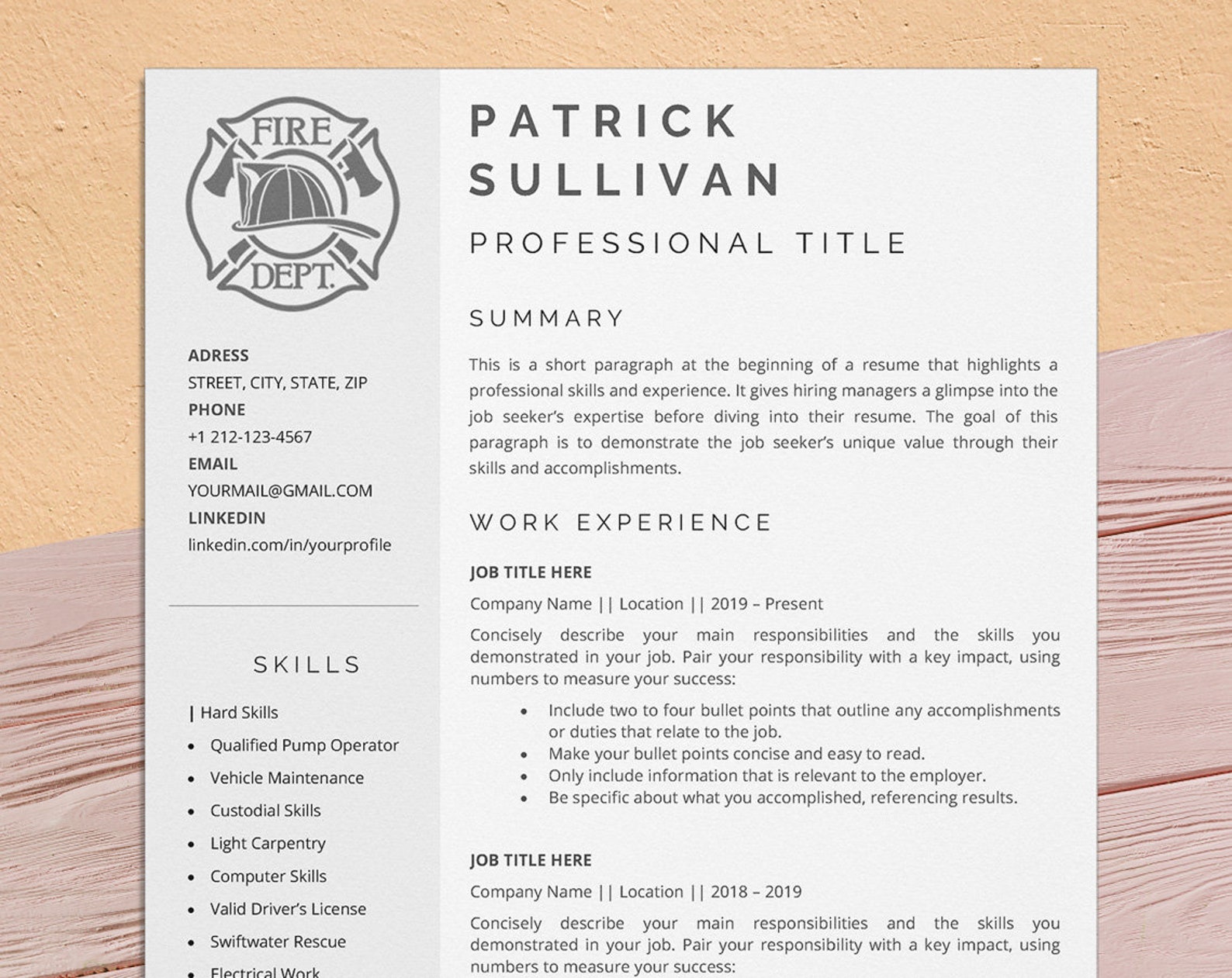 Firefighters Resume Template for Word Fire Protection - Etsy