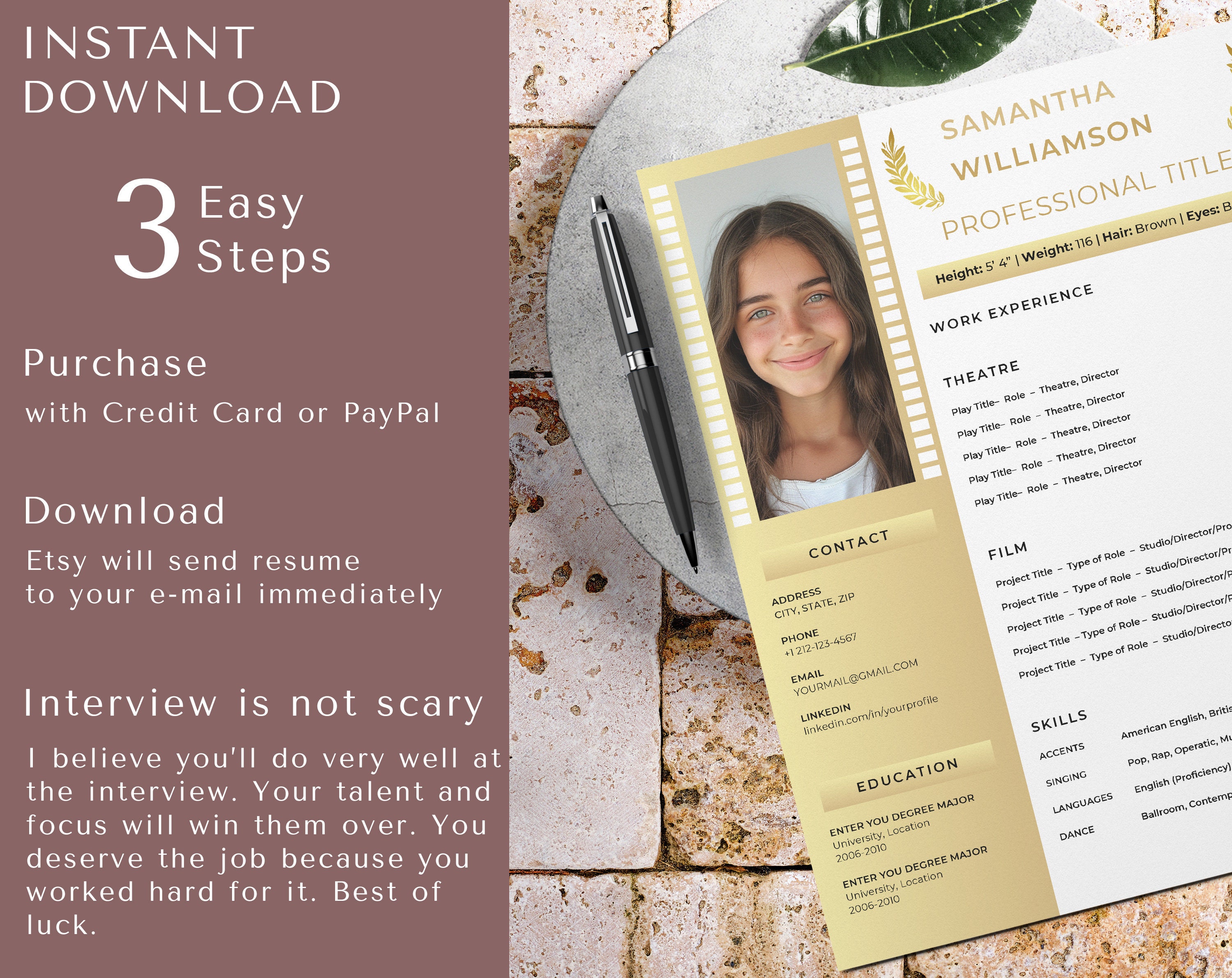 Child Actor Resume Template for Canva, Kid Actor Cv, Child Model Actor ...