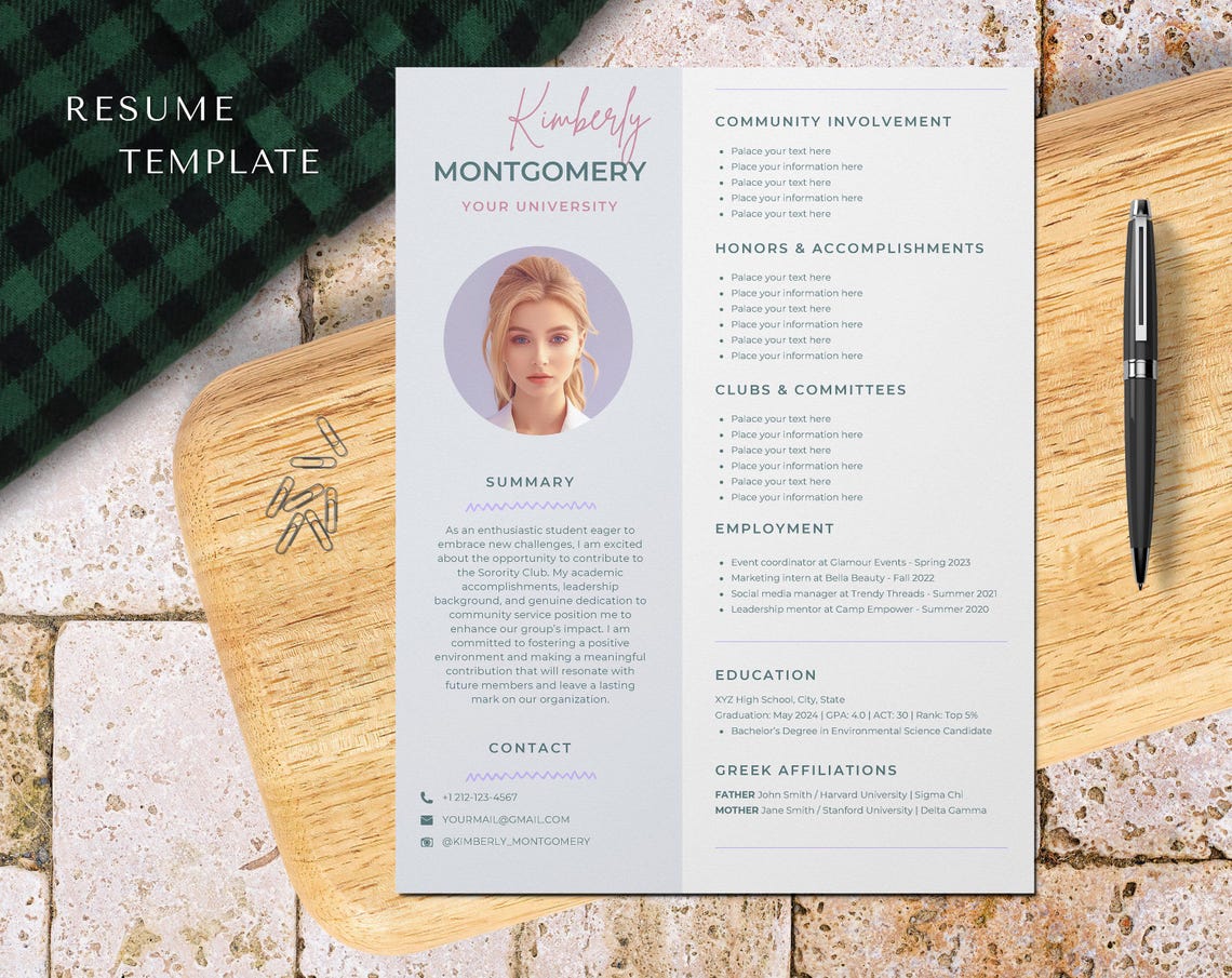 Sorority Resume Template With Photo for Canva: Highlight Your Sorority ...