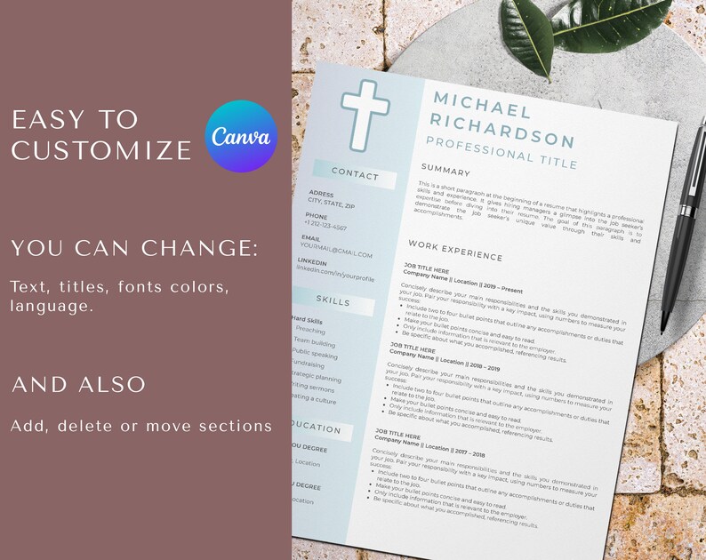 Pastor Resume Template for Canva, Cover Letter, Religion Teacher Resume ...