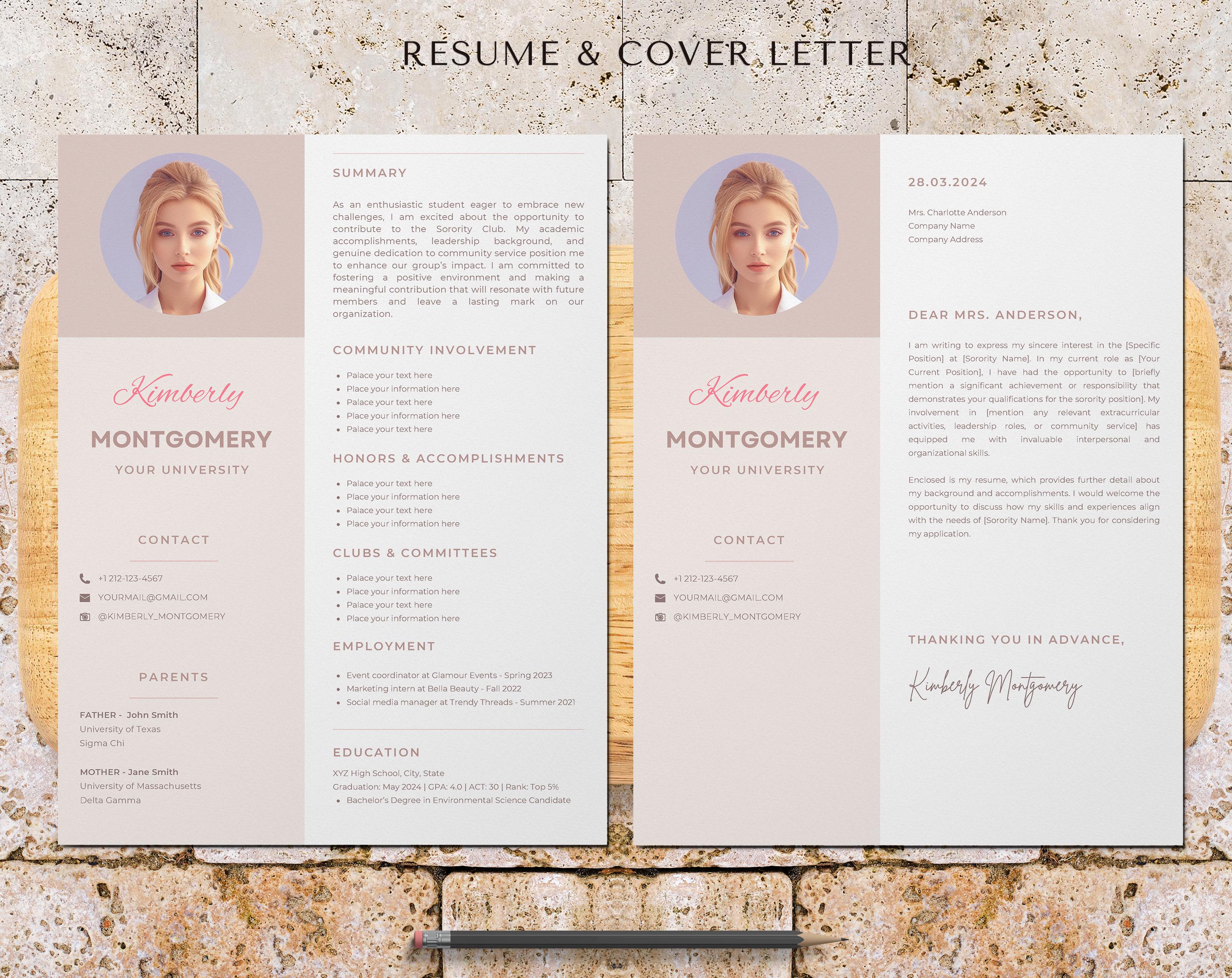 Sorority Resume Template With Photo for Canva: Perfectly Crafted for ...