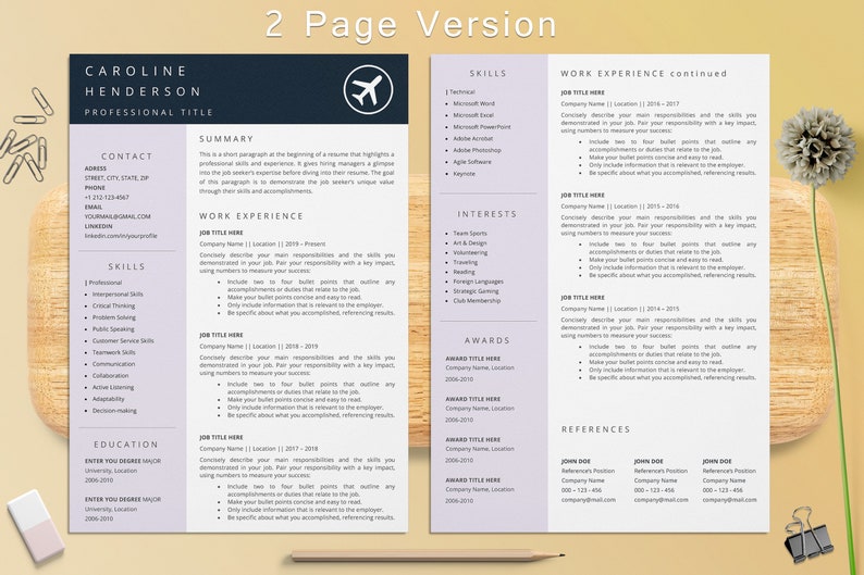 Pilot Resume Template for Word Commercial Pilot Airline - Etsy