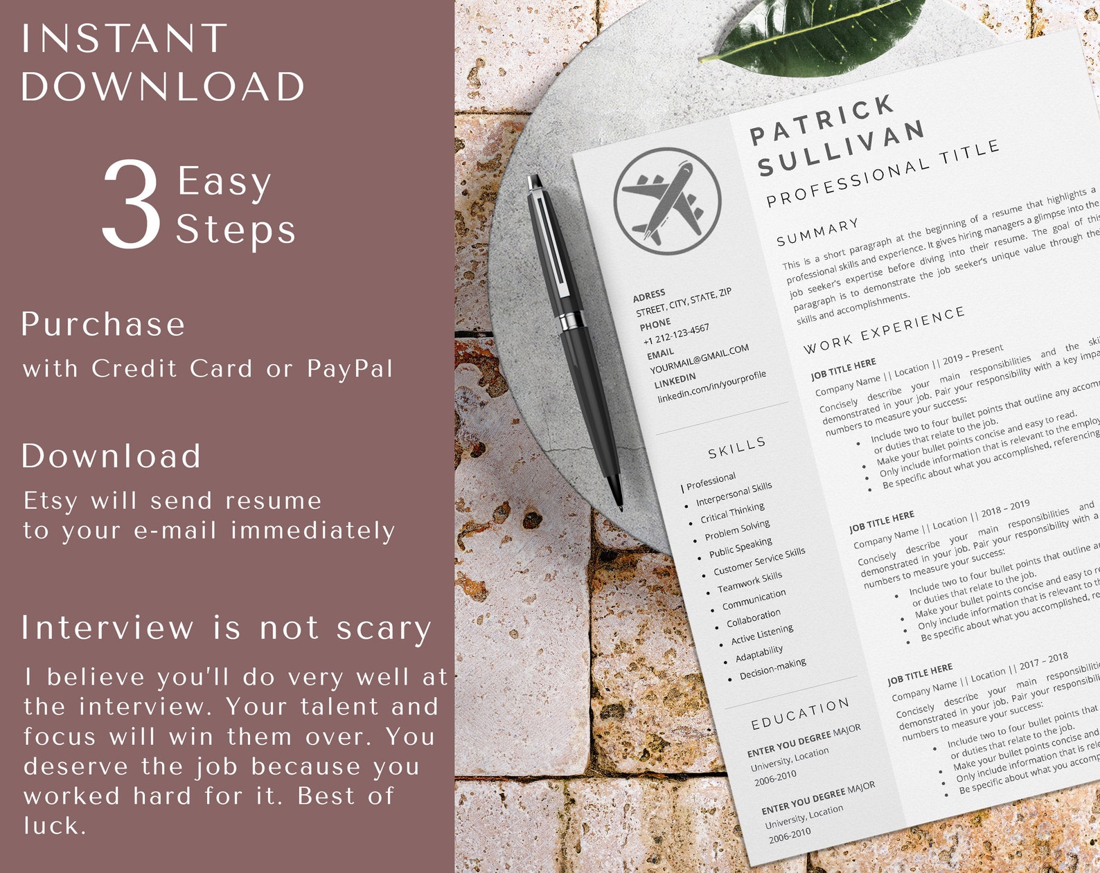 Aviation Resume Template for Word, Pilot Resume, Flight Attendant Cv ...