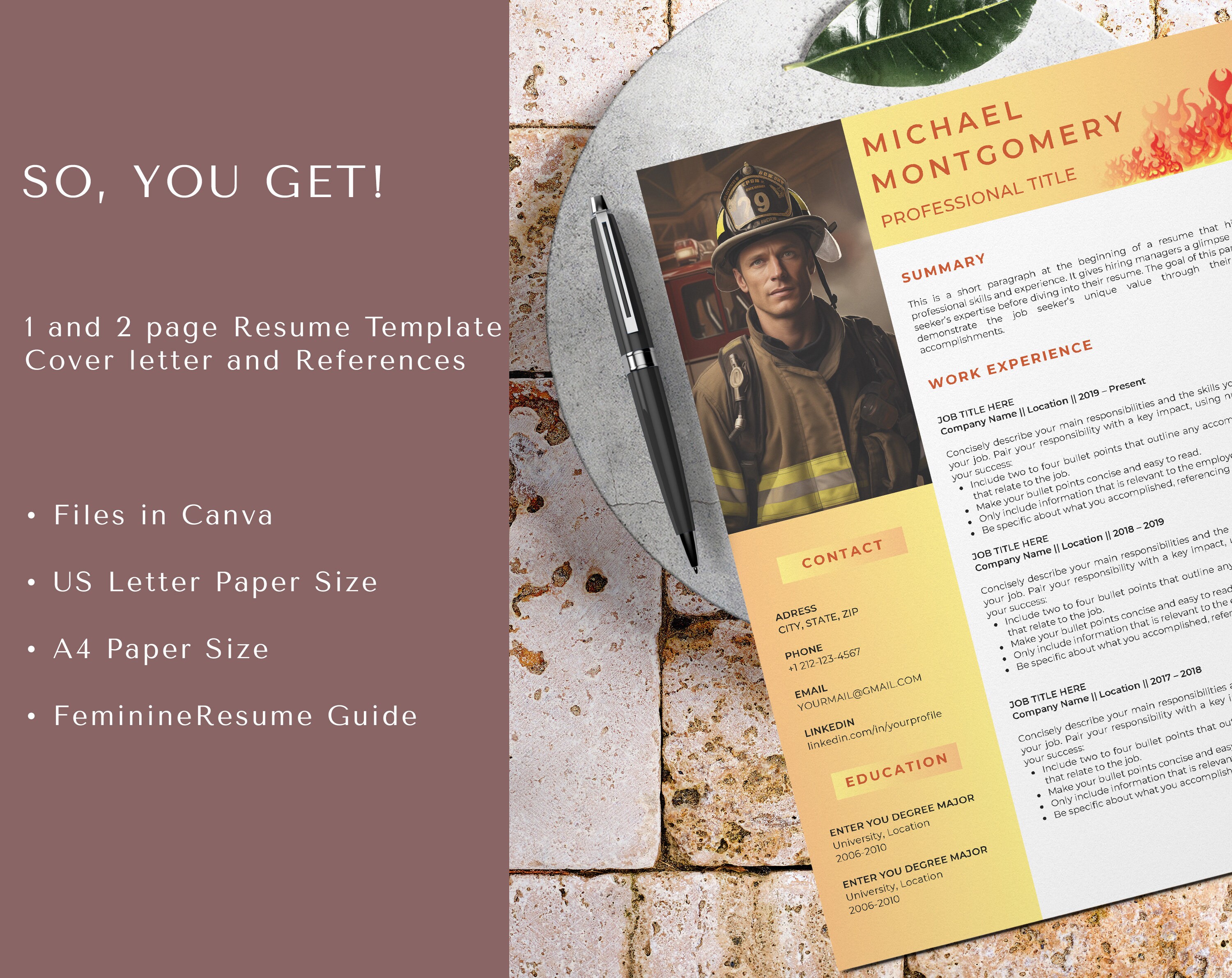 Firefighter Resume Template With Photo for Canva, Fire Chief, Volunteer ...