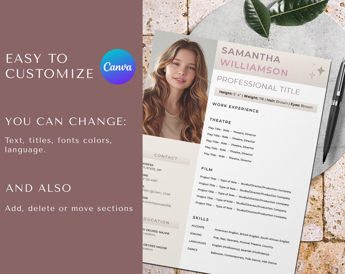 Child Actor Resume Template for Canva, Child Model Actor and Actress Cv ...