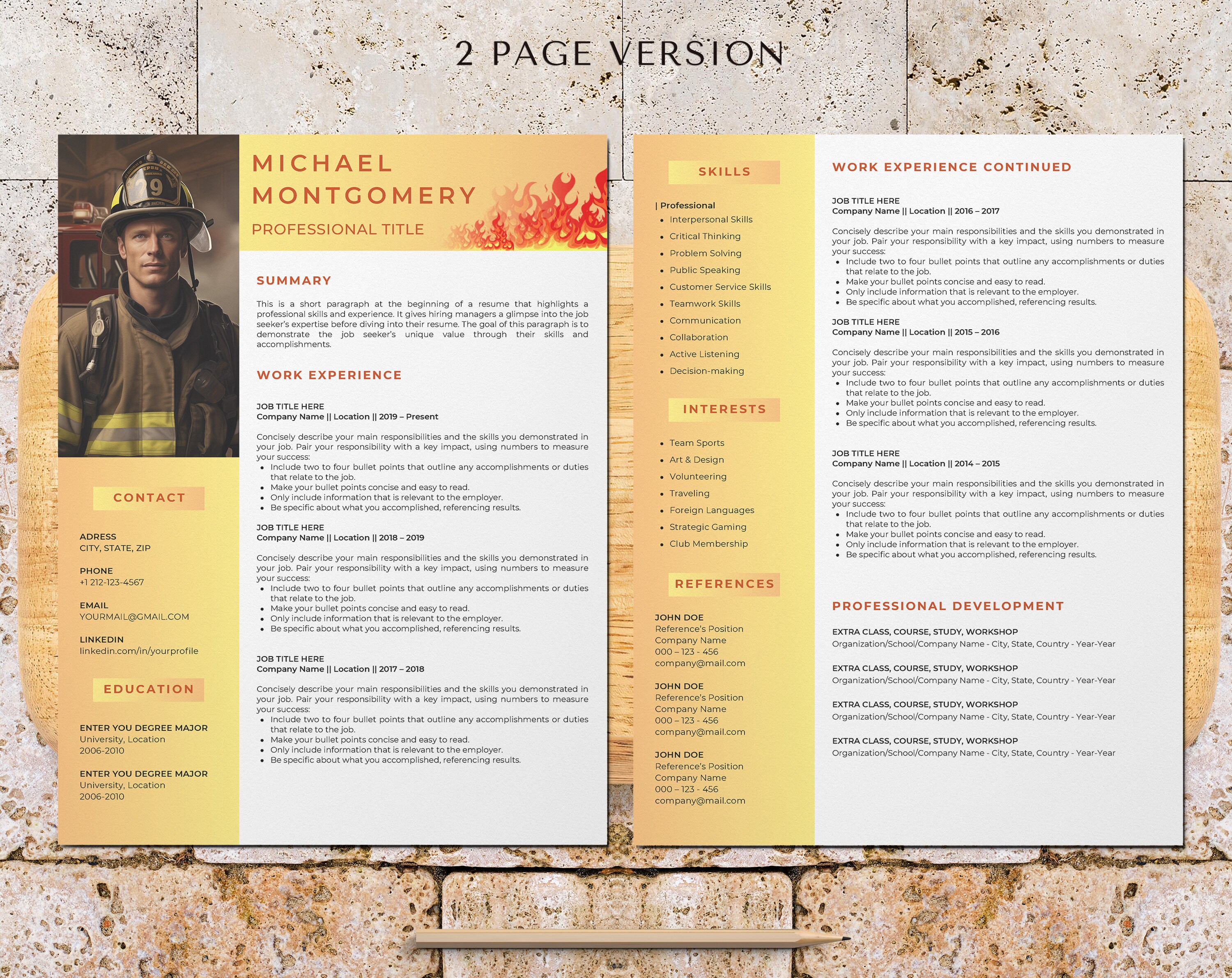 Firefighter Resume Template With Photo for Canva, Fire Chief, Volunteer ...