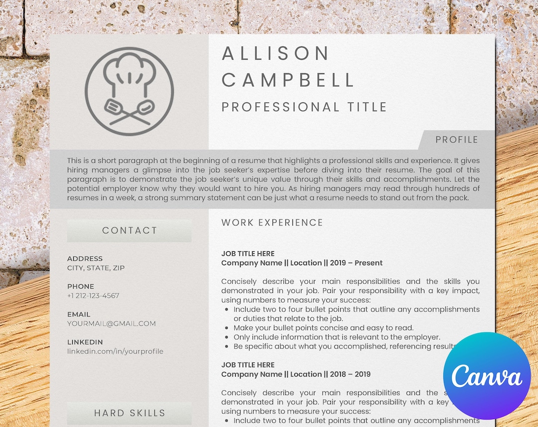 Chef & Cook Resume Template for Canva: Create a Deliciously ...