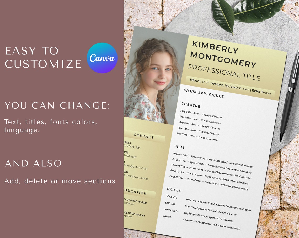 Child Actor Resume Template With Photo for Canva, Modern Model Actor ...
