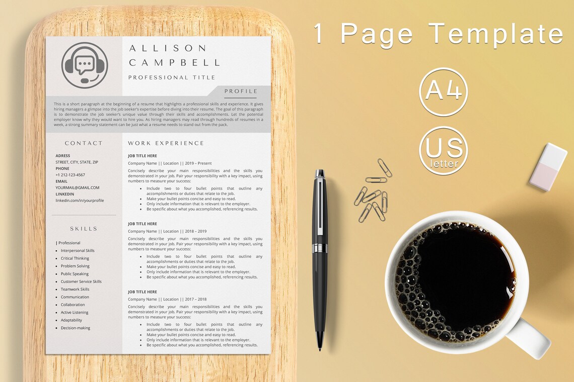 Customer Service Resume Template for Word Call Center Resume - Etsy