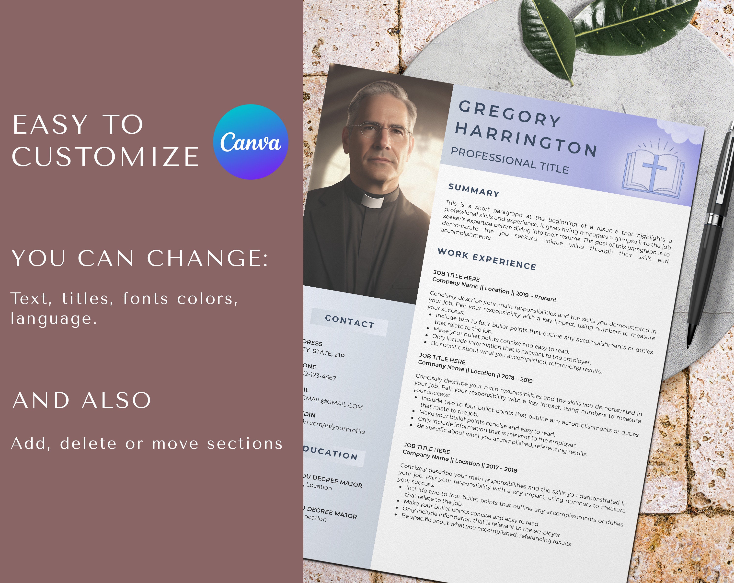 Pastor Resume Template for Canva, Church Resume, Religion Cv, Chaplain ...