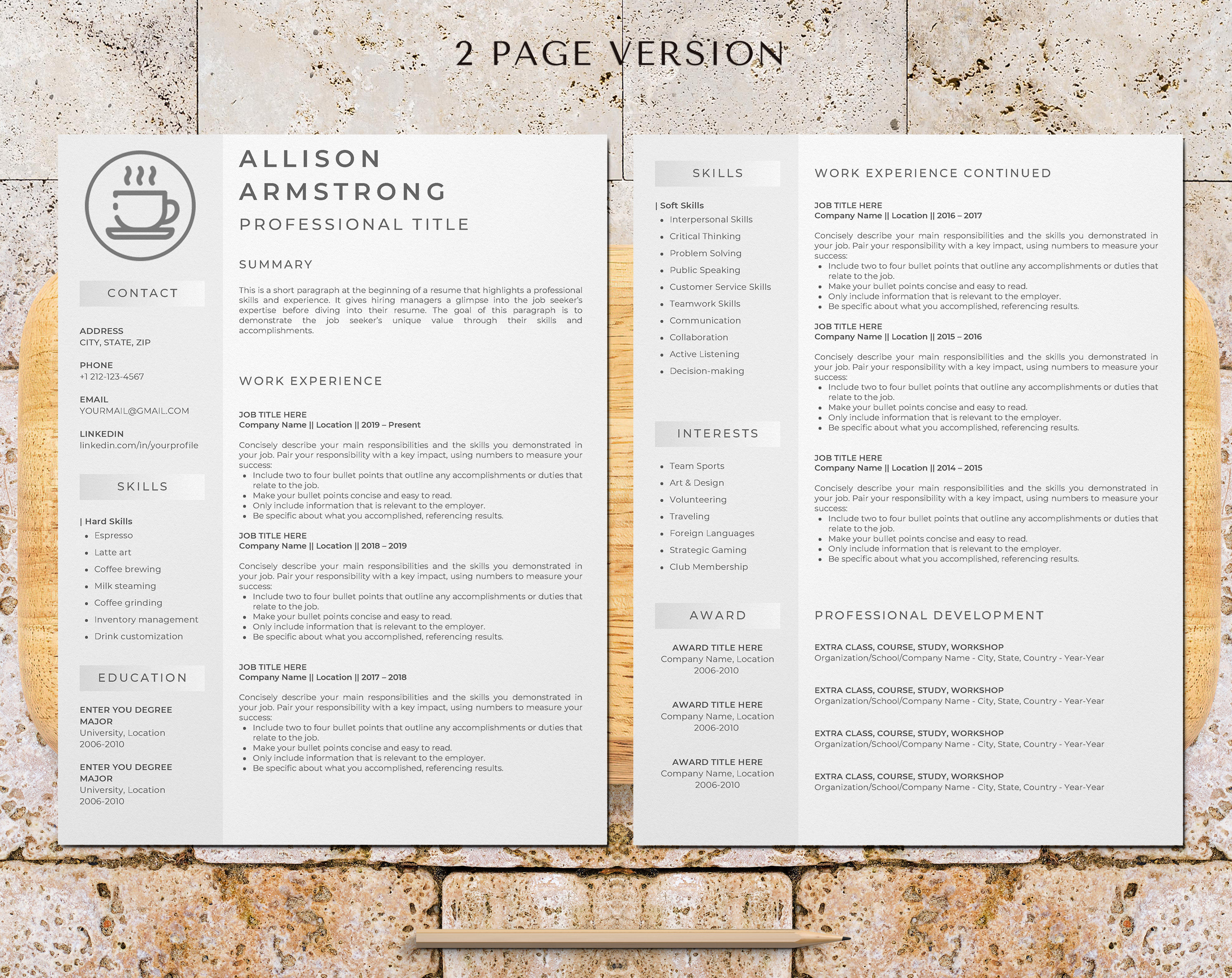Barista Resume Template for Canva, Coffee Barista Resume, Cover Letter ...