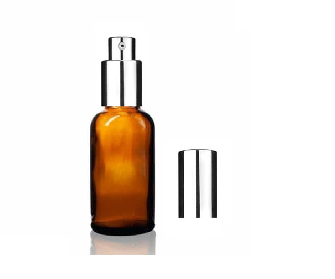 30 Ml Amber Glass Euro Dropper Bottle W/ Shiny Silver Treatment Pump 18 ...