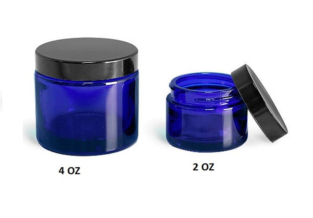 4 Oz Cobalt BLUE GLASS Jar Straight Sided W/ Plastic Lined Caps Pack of ...