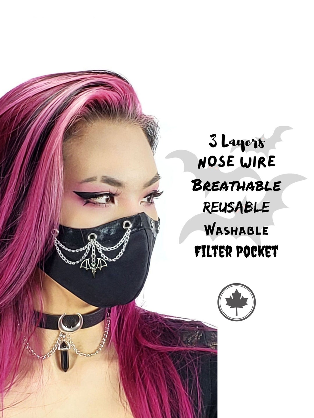 Gothic Bat Face Mask: Alt Style Chains, Reusable Cotton Mask - Etsy