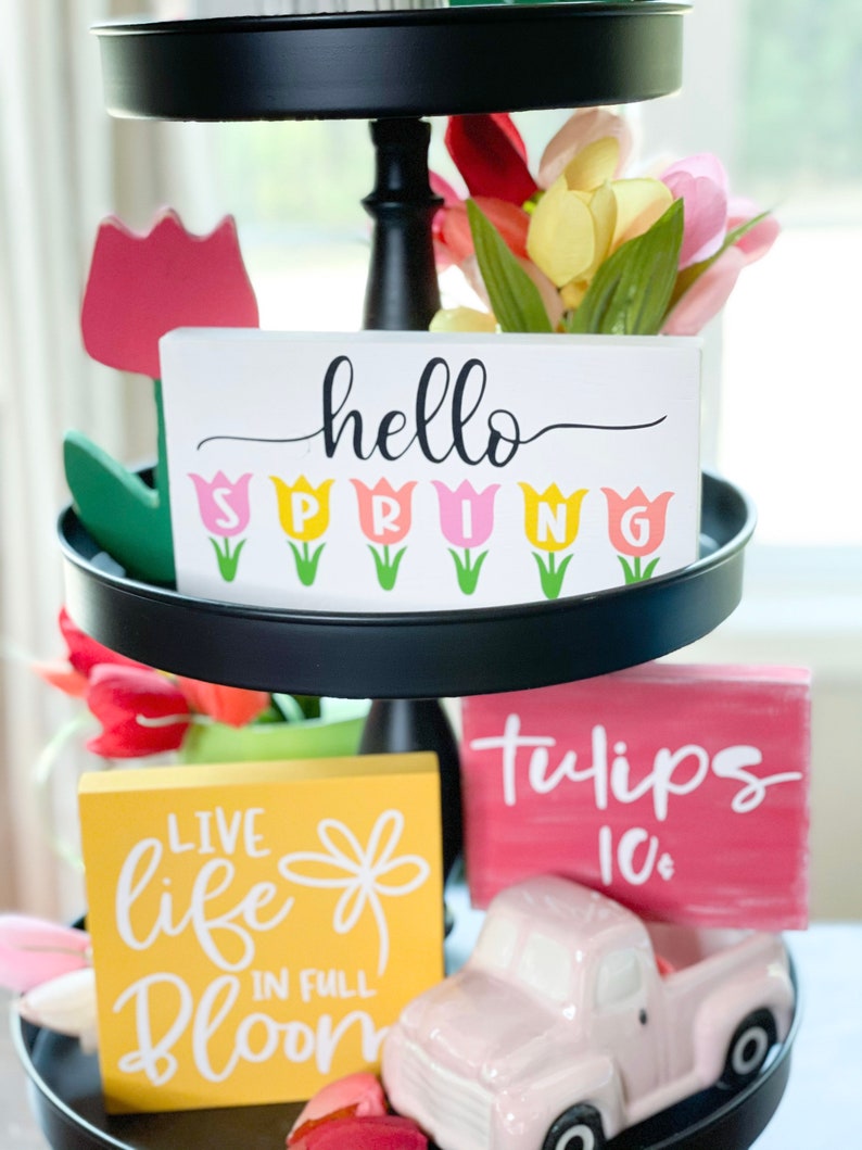 Flower Sign Spring Sign Spring Tiered Tray Decor Tiered - Etsy