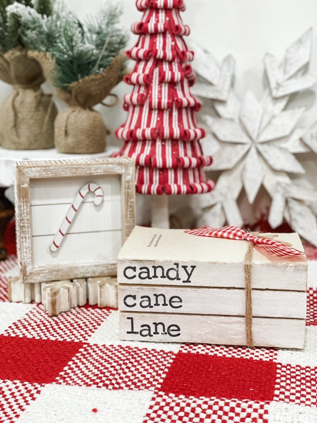 Candy Cane Theme Christmas Bookstack Christmas Decor Stamped Books Handmade Christmas Decor