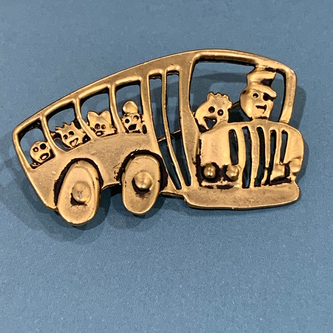 Bus Brooch Pin- Wheels on the Bus Pin-gold Tone Bus Pin- Kids on Bus ...