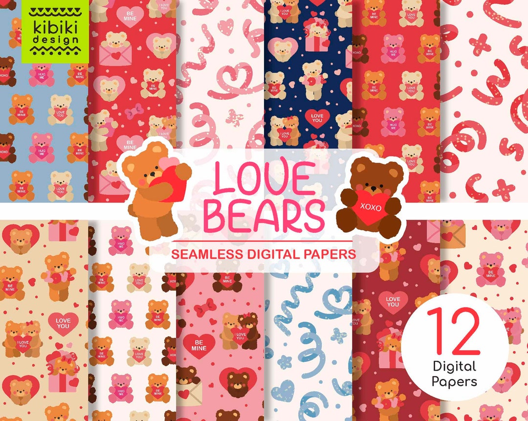 Valentines Day Teddy Bears Digital Paper Pack Love Hearts Seamless ...