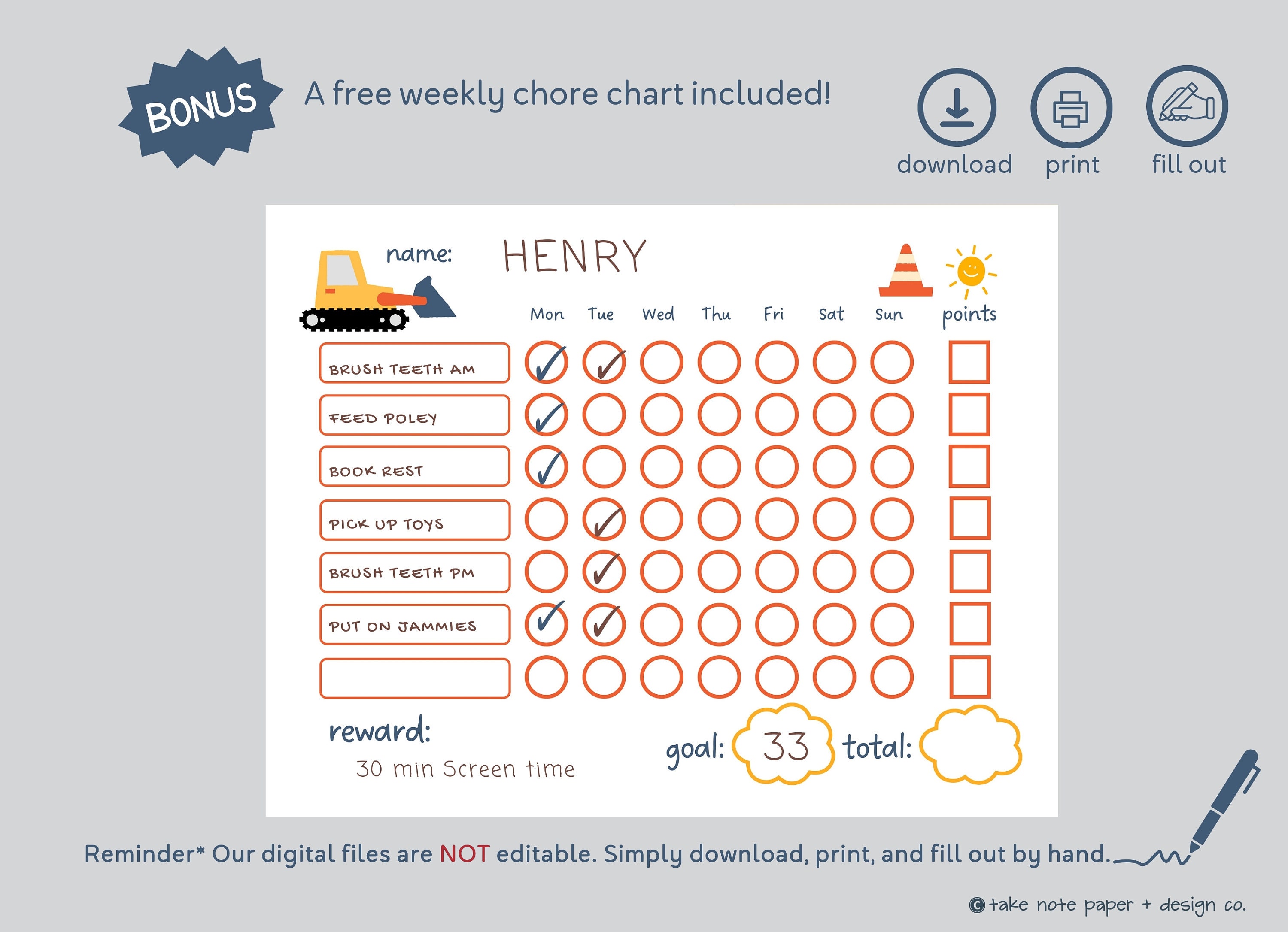 Construction Reward Chart, Sticker Chart, Potty Training Chart, Kids ...