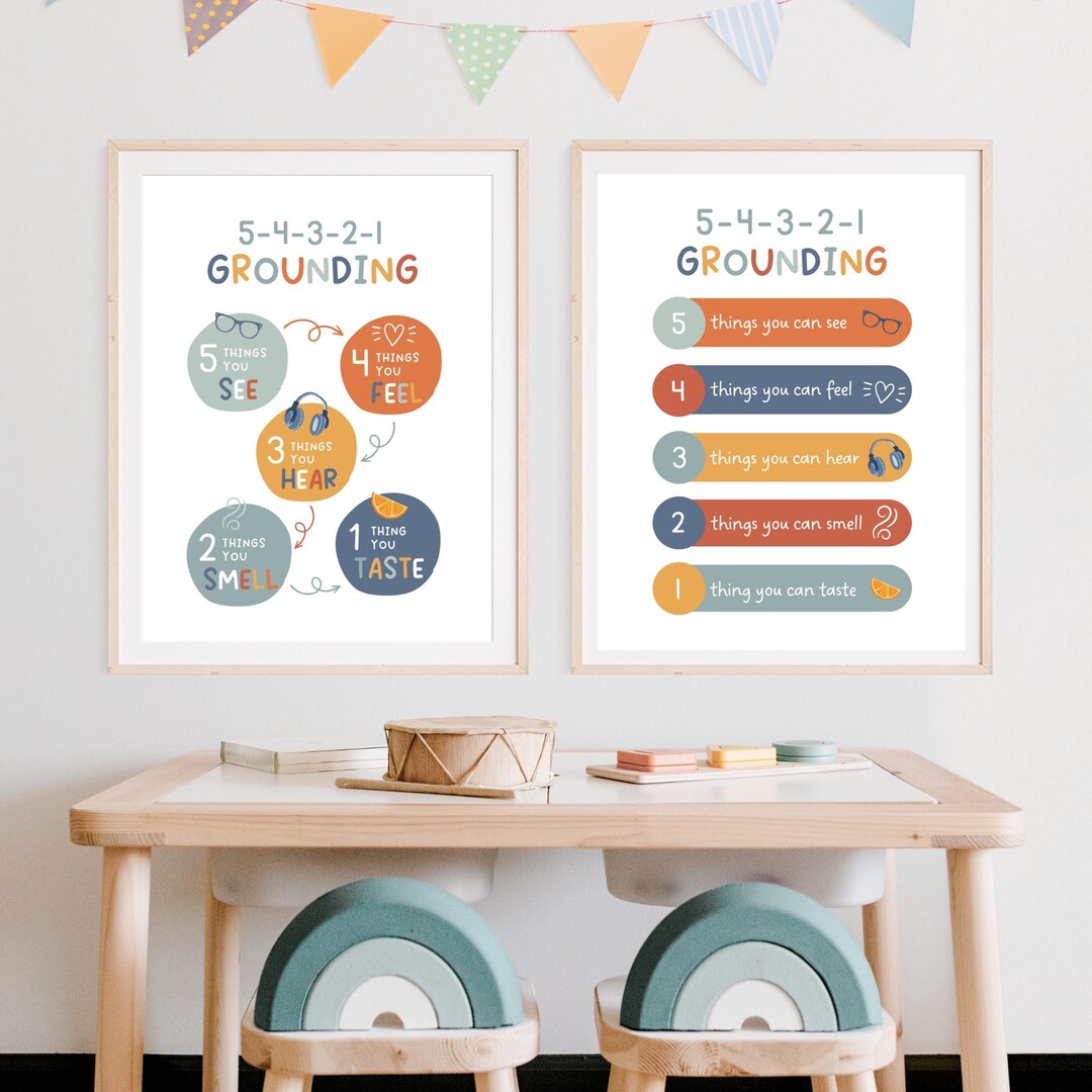 54321 Grounding Exercises Boho Printable Posters Behavior Modification ...