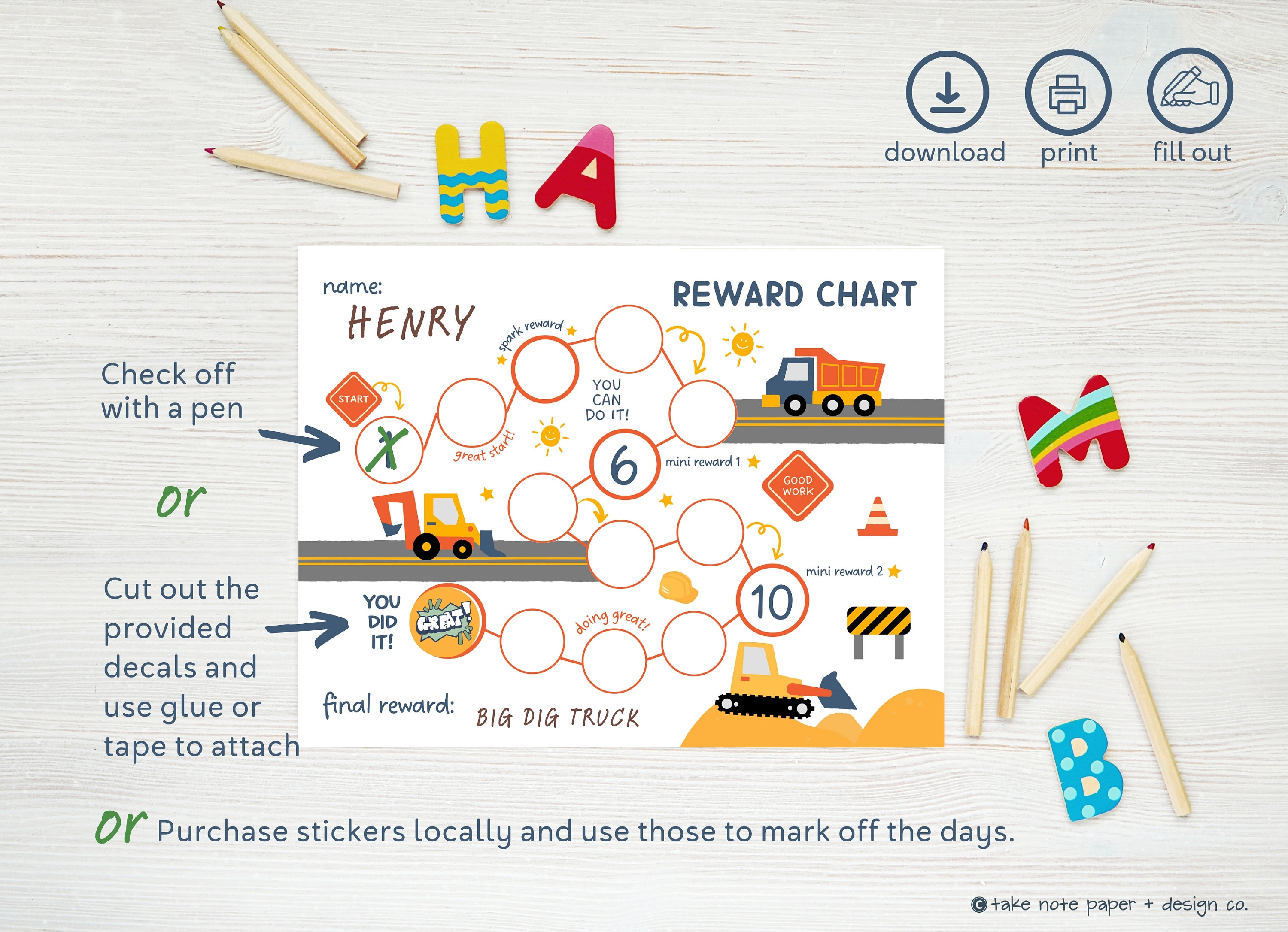 Construction Reward Chart, Sticker Chart, Potty Training Chart, Kids ...