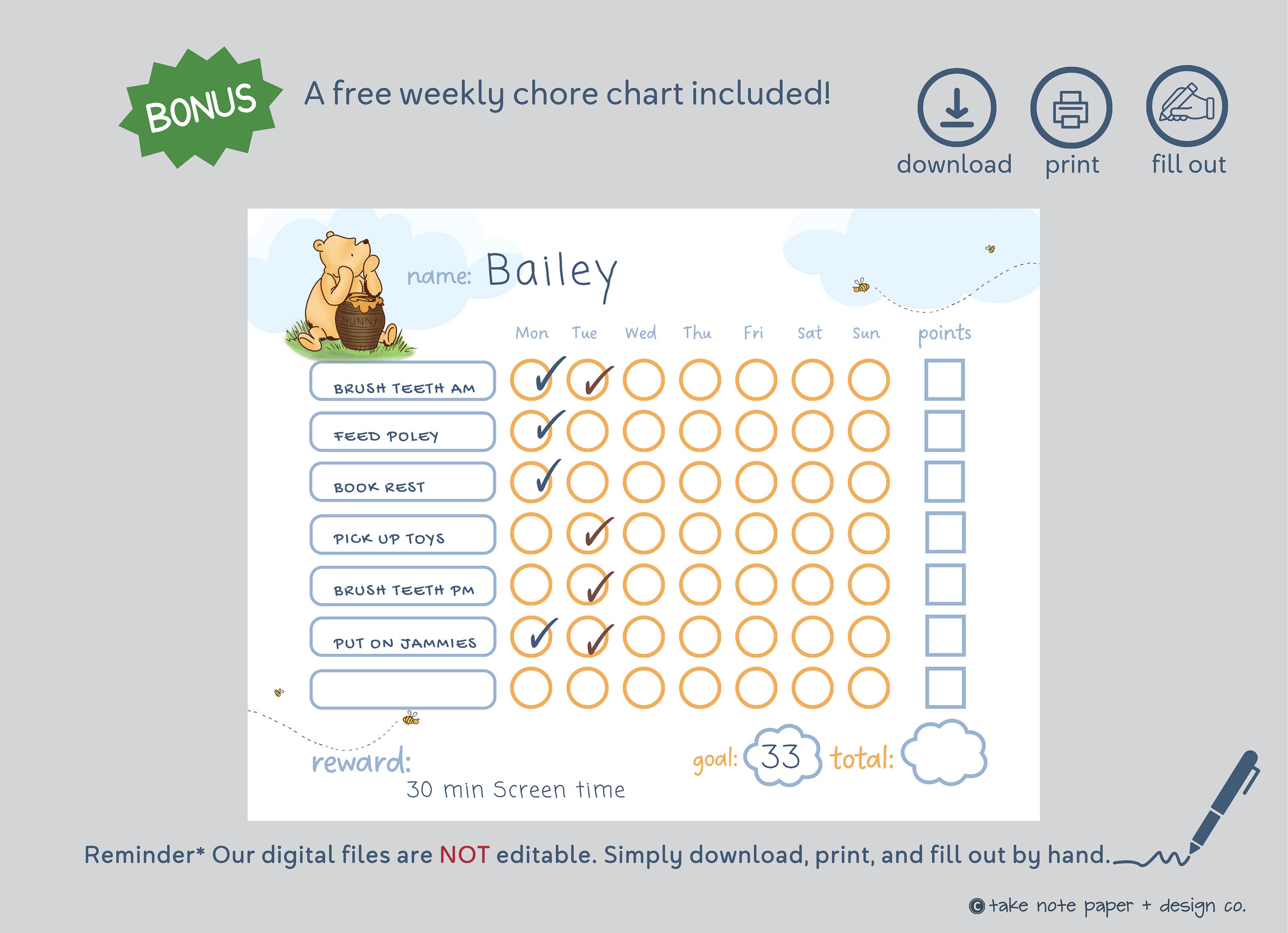 Classic Winnie the Pooh Reward Chart Blue, Sticker Chart, Pooh Potty ...