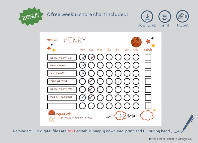 Basketball Reward Chart, Printable Reward Chart, Sports Reward Chart ...