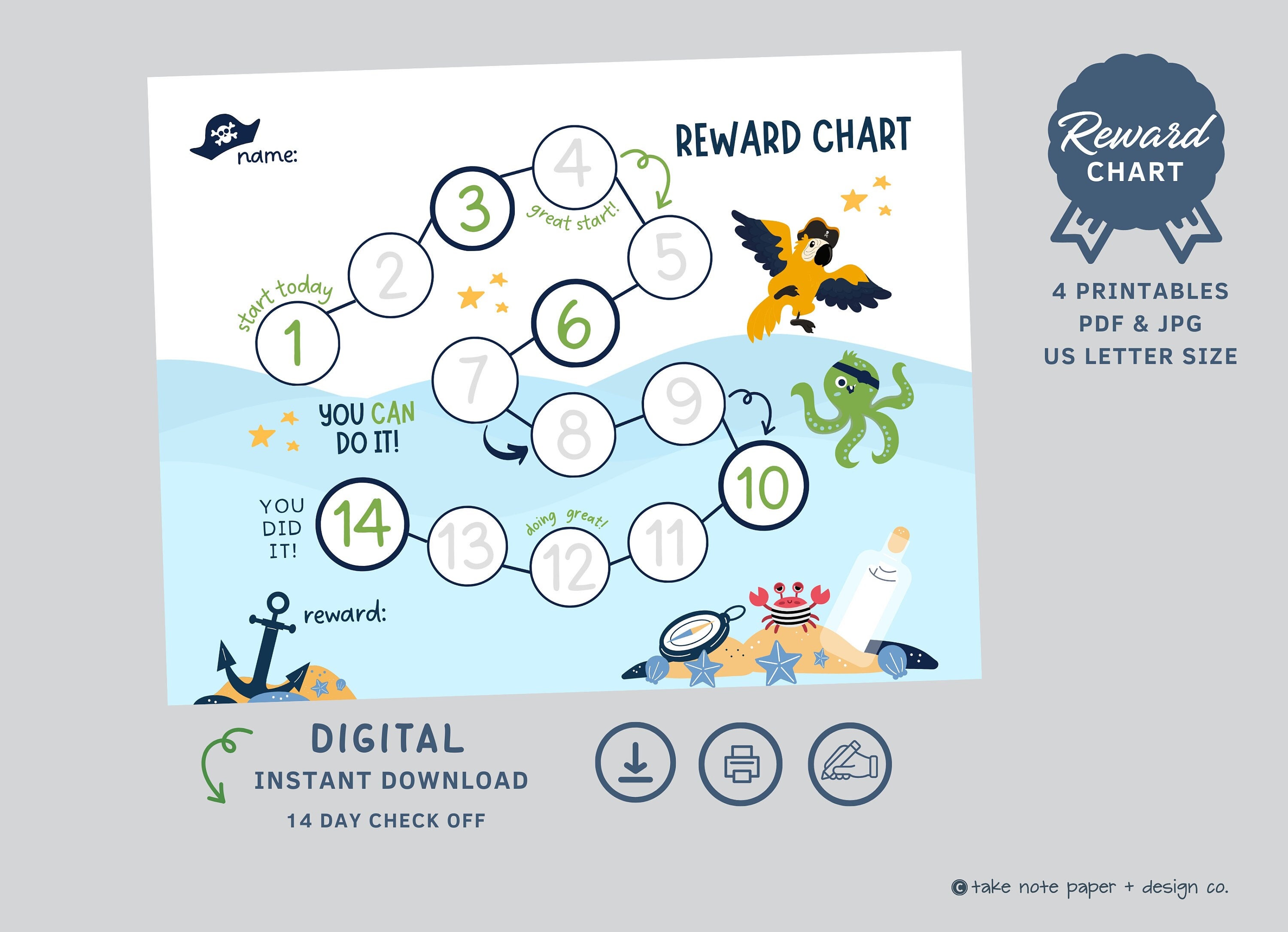 Pirate Reward Chart, Sticker Chart, Potty Training Chart, Kids Behavior ...