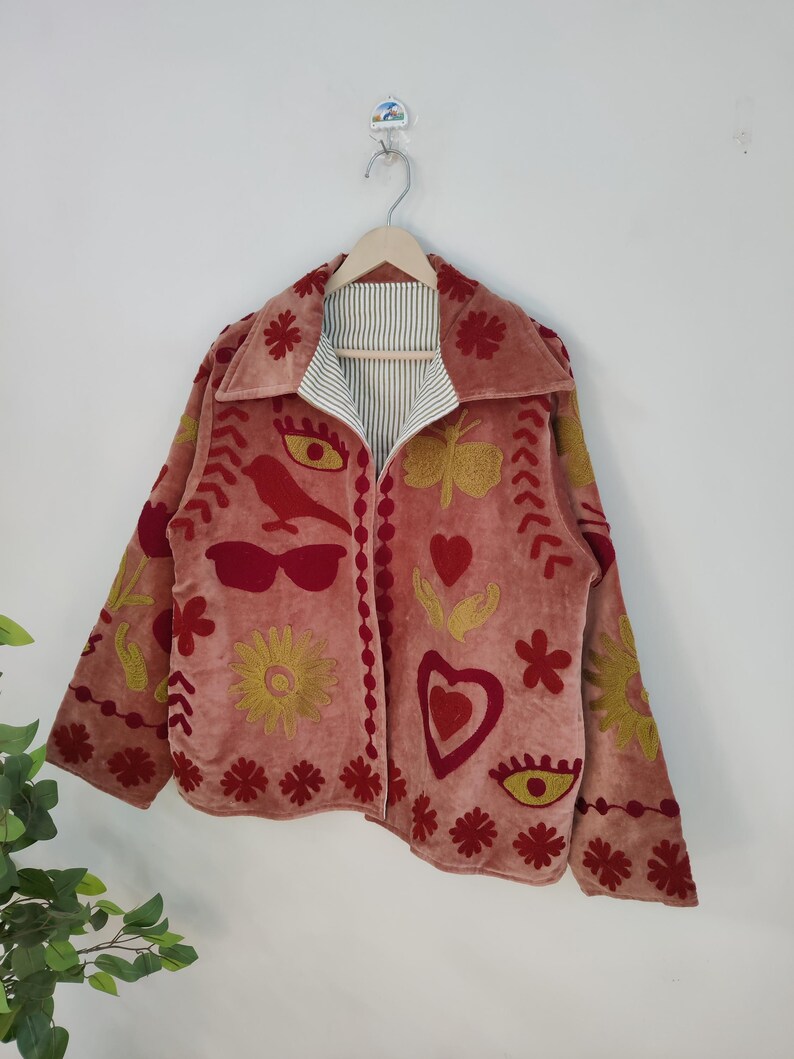 Boho Velvet Embroidered Jacket – Folk Art Symbols Coat With Heart, Bird ...