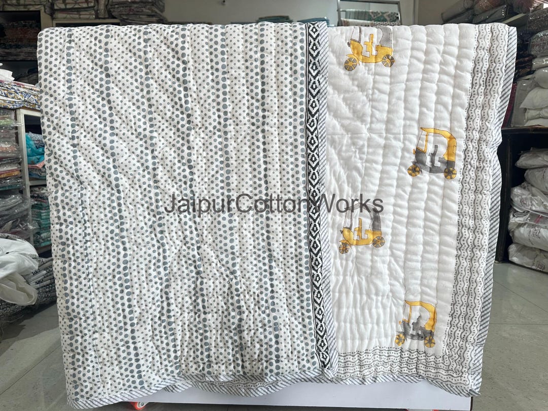 Beautiful Auto Rickshaw Design Block Print Cotton Comforter, Handmade ...