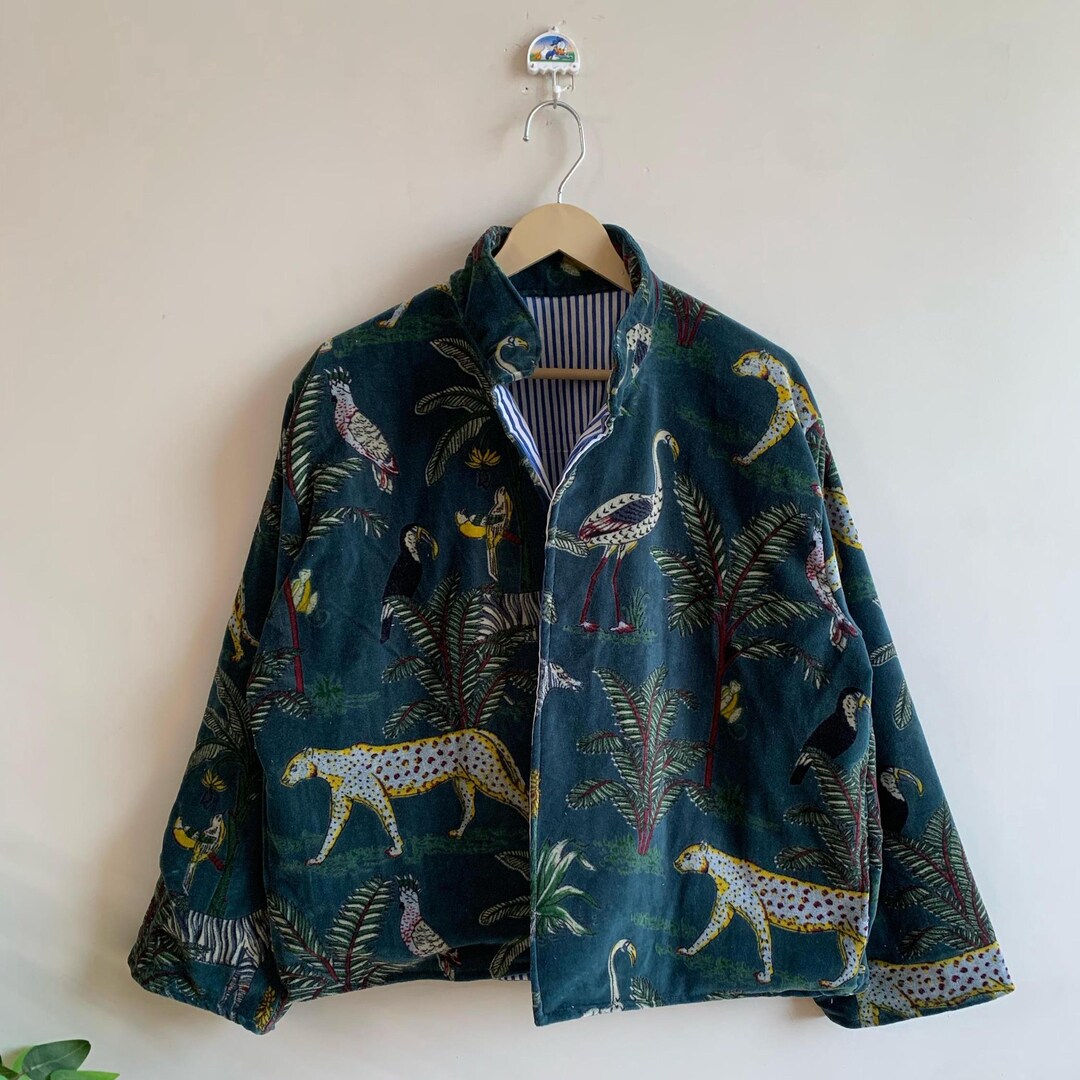 Blue Jungle Safari Women Velvet Kimono Robes Jacket, Morning Tea Velvet ...