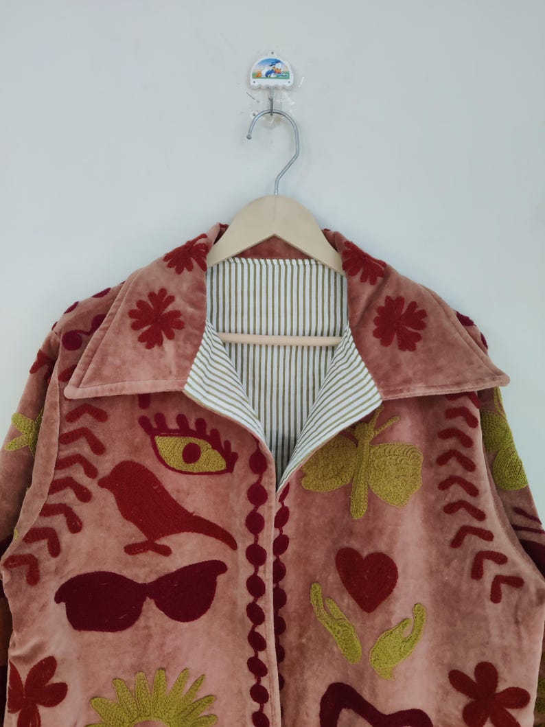Boho Velvet Embroidered Jacket – Folk Art Symbols Coat With Heart, Bird ...