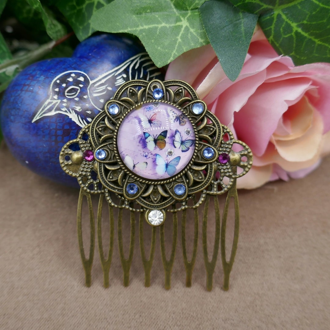 Hair Comb Motif Butterflies Bronze With Rhinestones - Etsy
