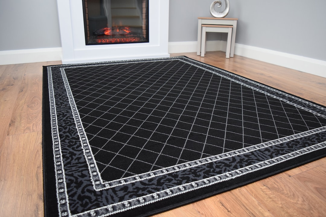 Large Black Grey Living Room Rug Bordered Design Circle Mat - Etsy UK