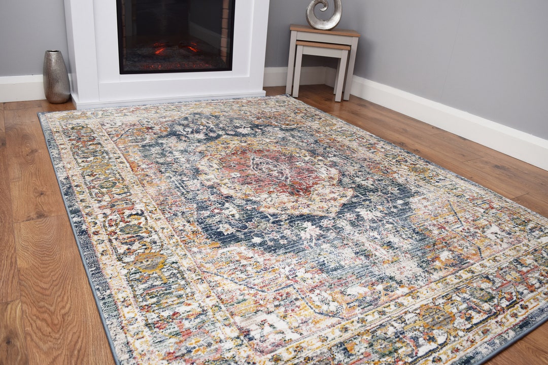 Distressed Living Room Rug Blue Fade Medallion Design - Etsy UK