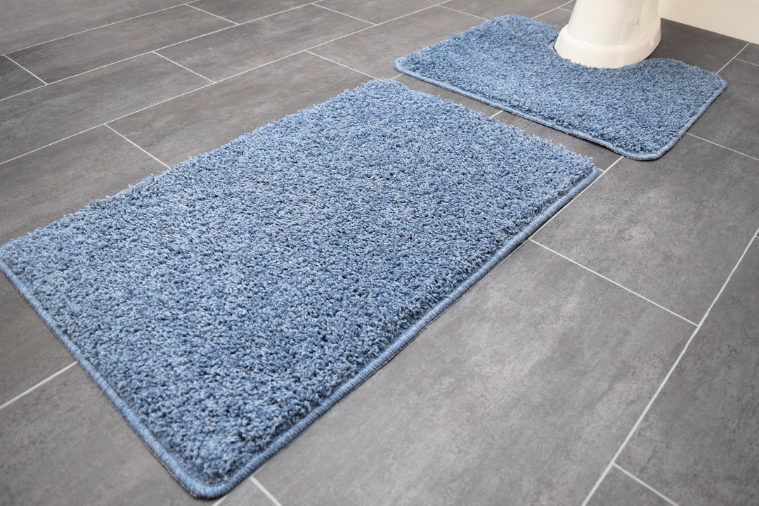 Denim Blue Bath Room Pedestal & Mat Set Non Slip Washable Rug - Etsy UK