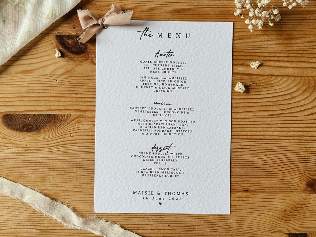 Printed Personalised Wedding Menu, Personalised Wedding Menu, Wedding ...
