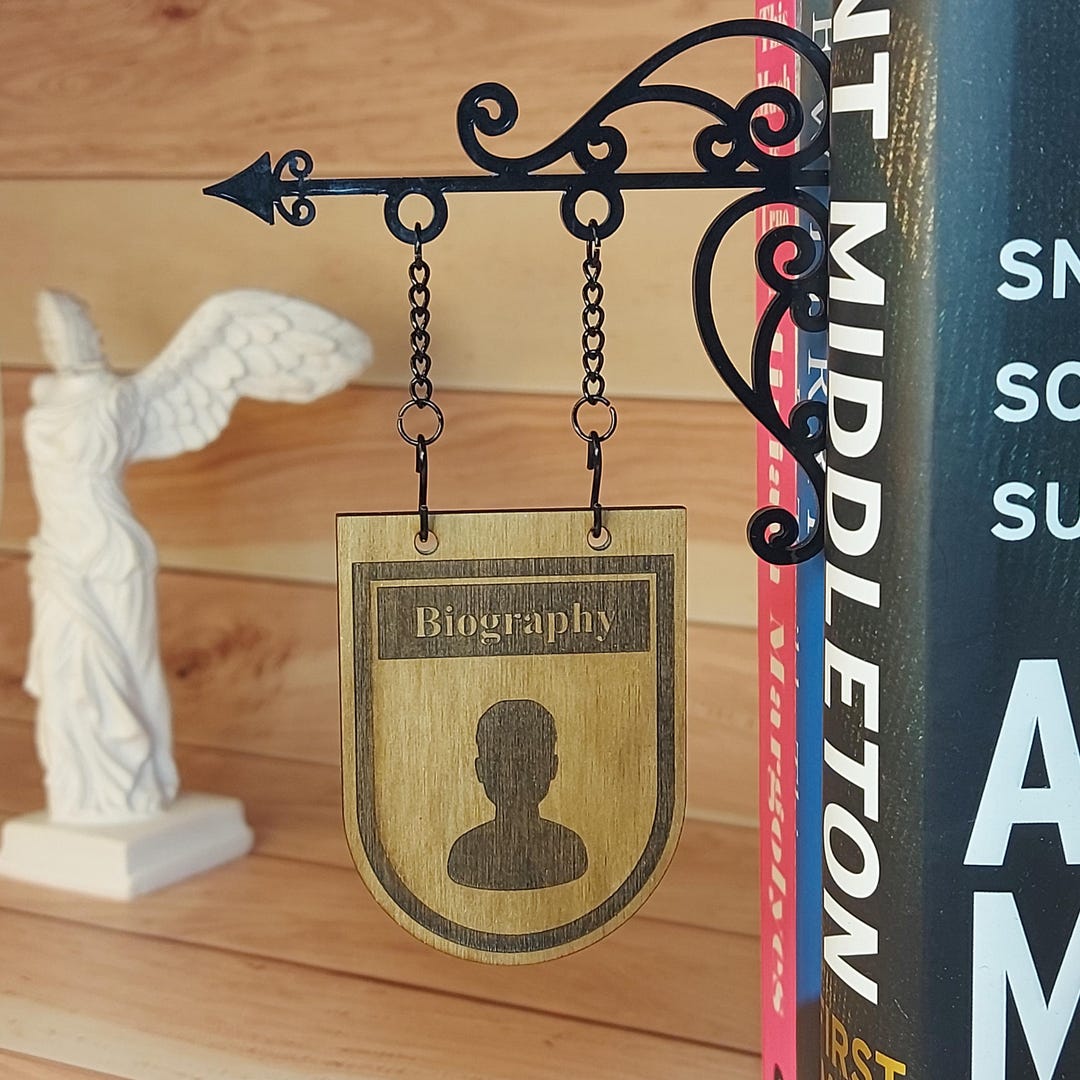 Biography Genre Divider Bookshelf Decor — Solid Walnut Library Sign ...