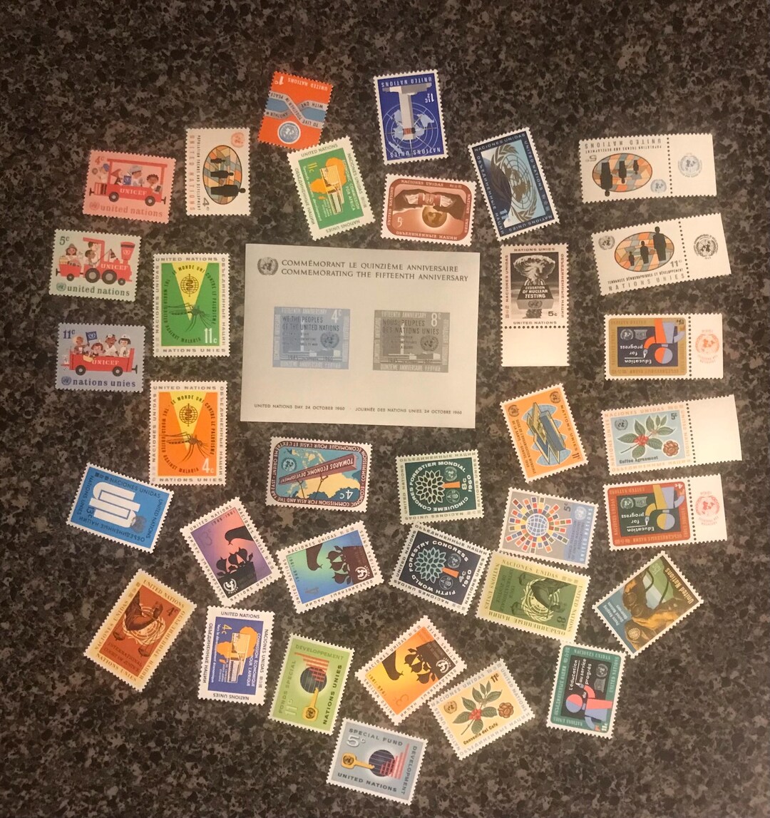 1960’s United Nations Stamp Lot, Mint Full Original Gum Stamps, 35 ...
