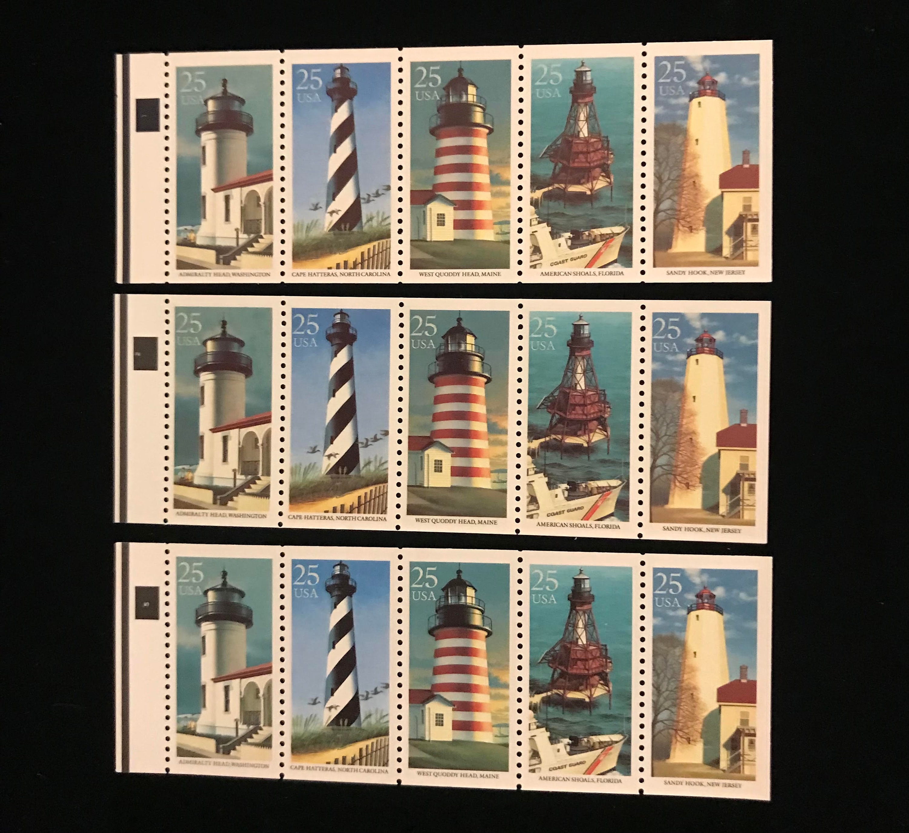 Lighthouses, Scott 2474a, Set of 3 Never Folded Panes, MNH, Vintage US ...