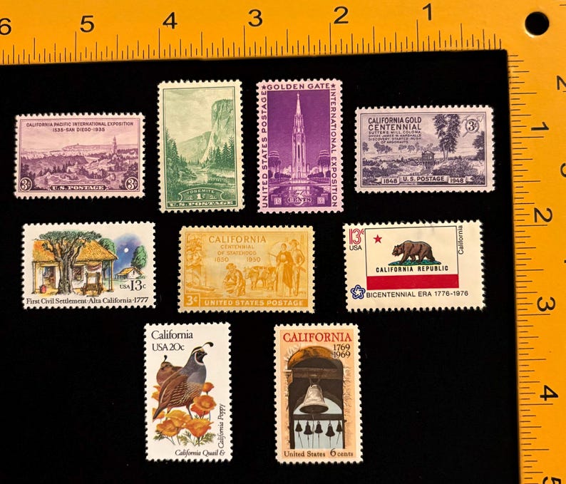 California Genuine US Postage Stamps, Vintage 1934 to 1982, Set of 9 ...