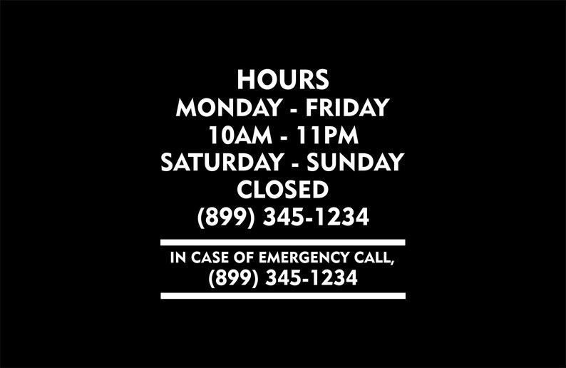 Store Hours Vinyl Decal, Business Hours Sign, Emergency Number - Etsy