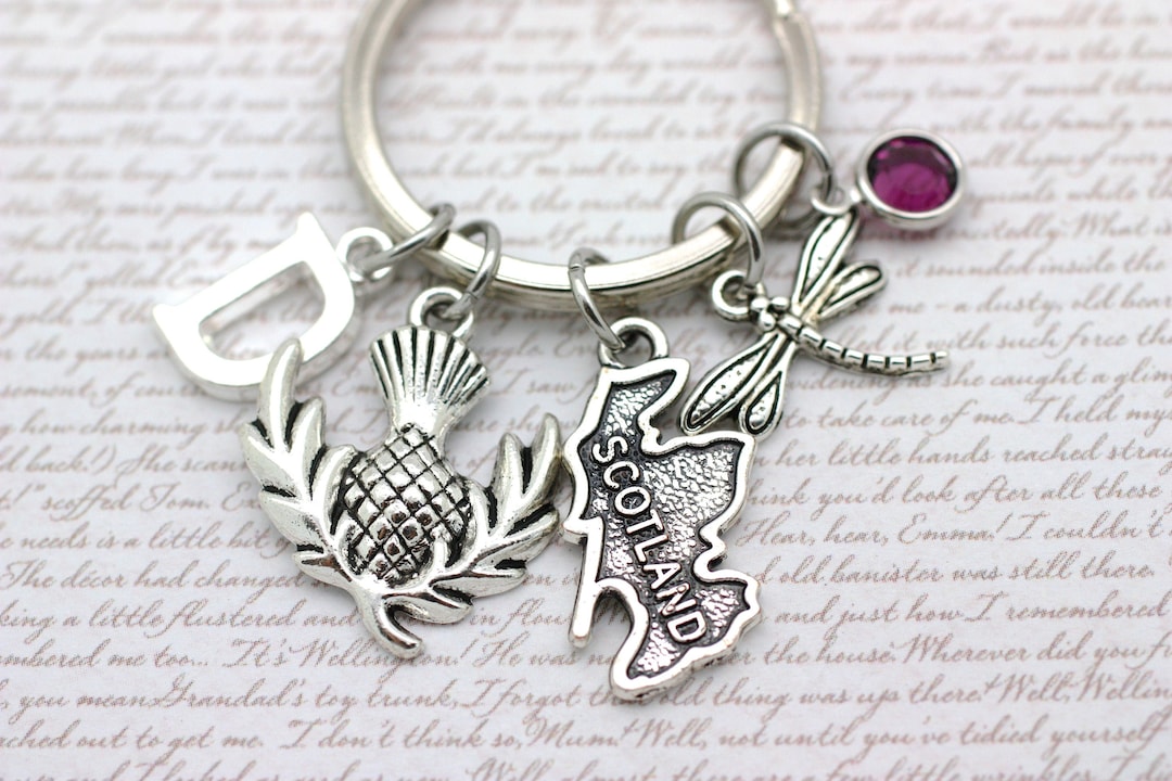 Scottish Highlands Keyring, Scotland Map, Thistle Charm, Dragonfly ...