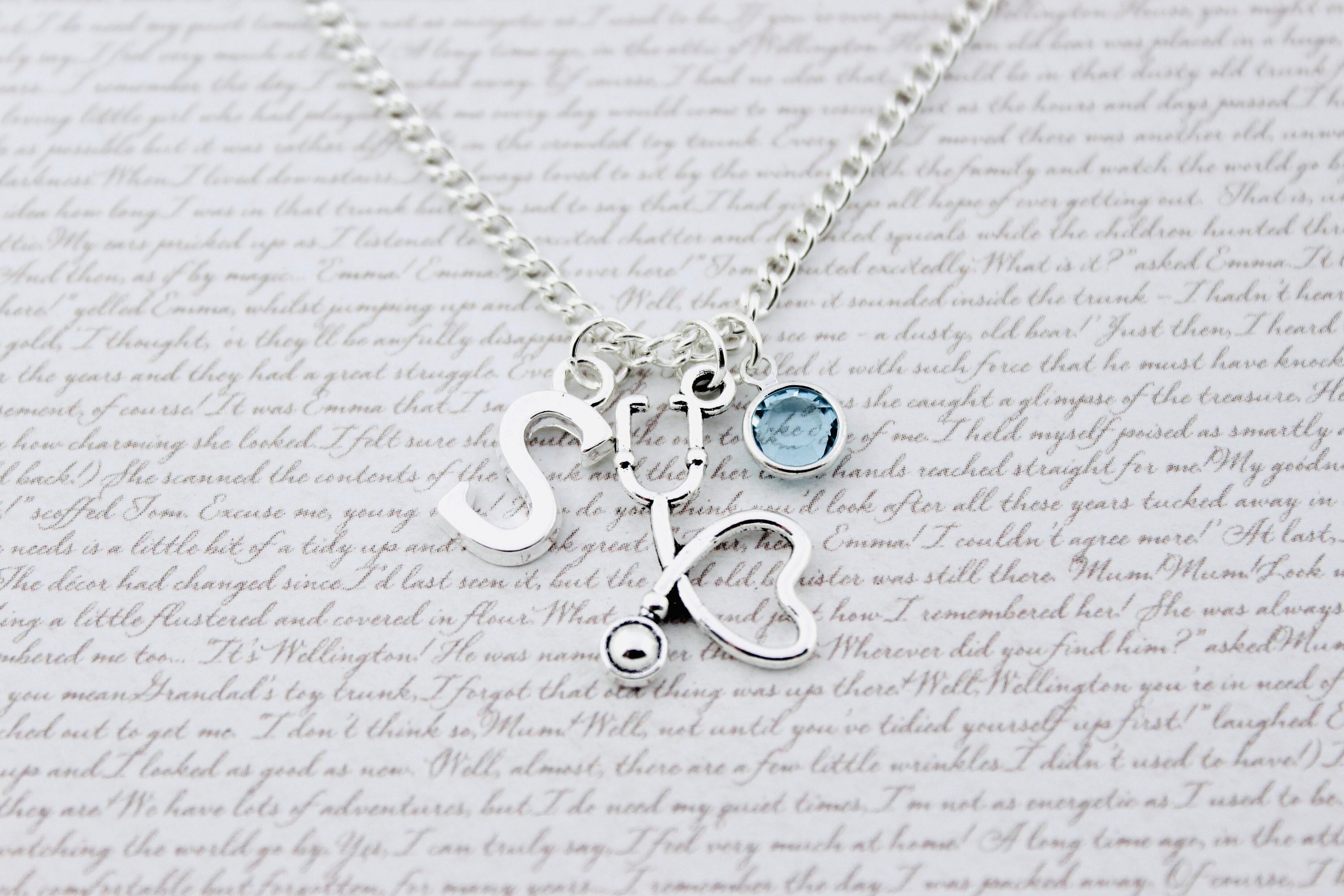 Tiny Stethoscope Heart Charm Necklace Nurse Necklace Doctor Vet Veterinary Jewelry Personalised Initial Swarovski Birthstone Crystal Etsy