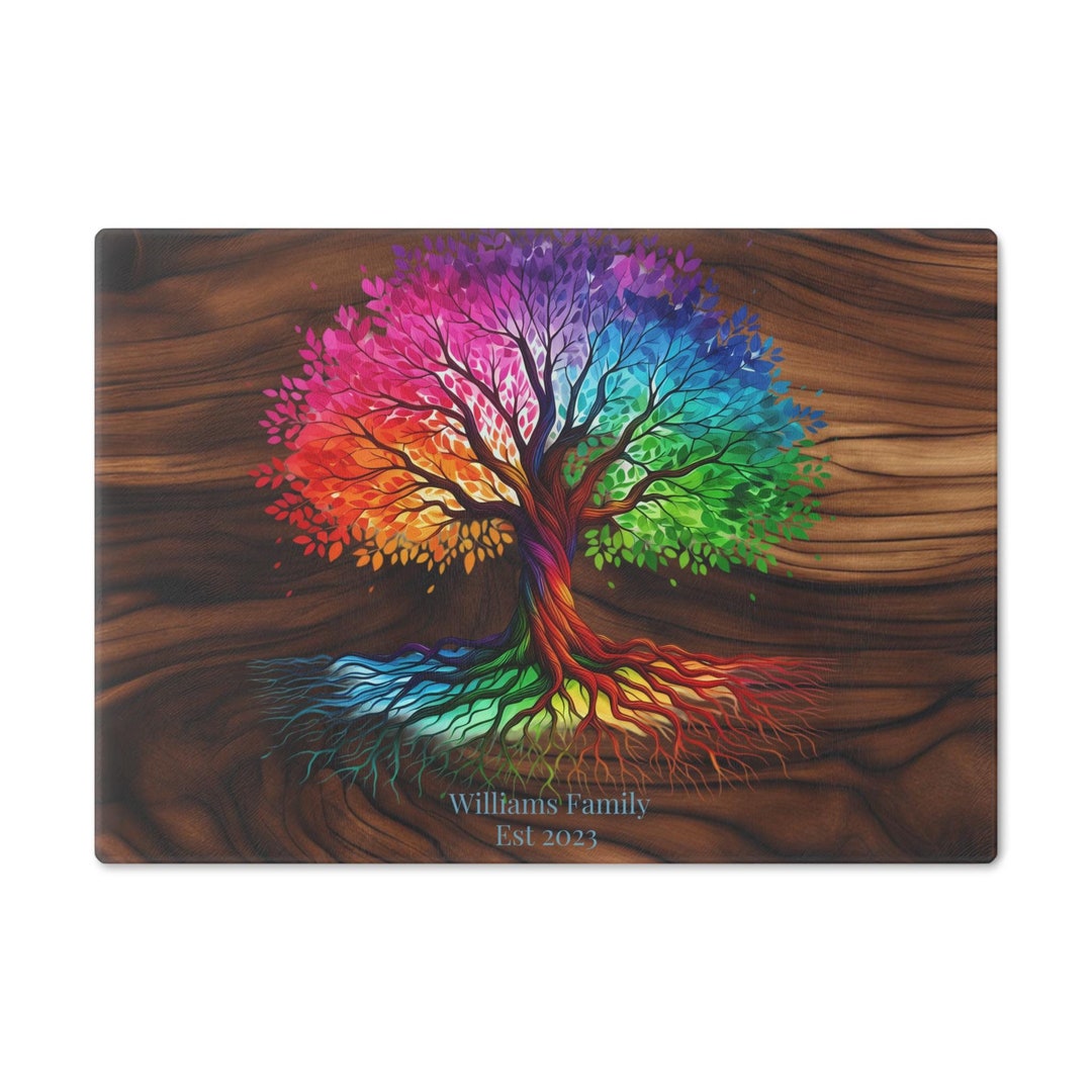 Personalized Tree of Life Cutting Board, Colorful Wood Look Charcuterie ...