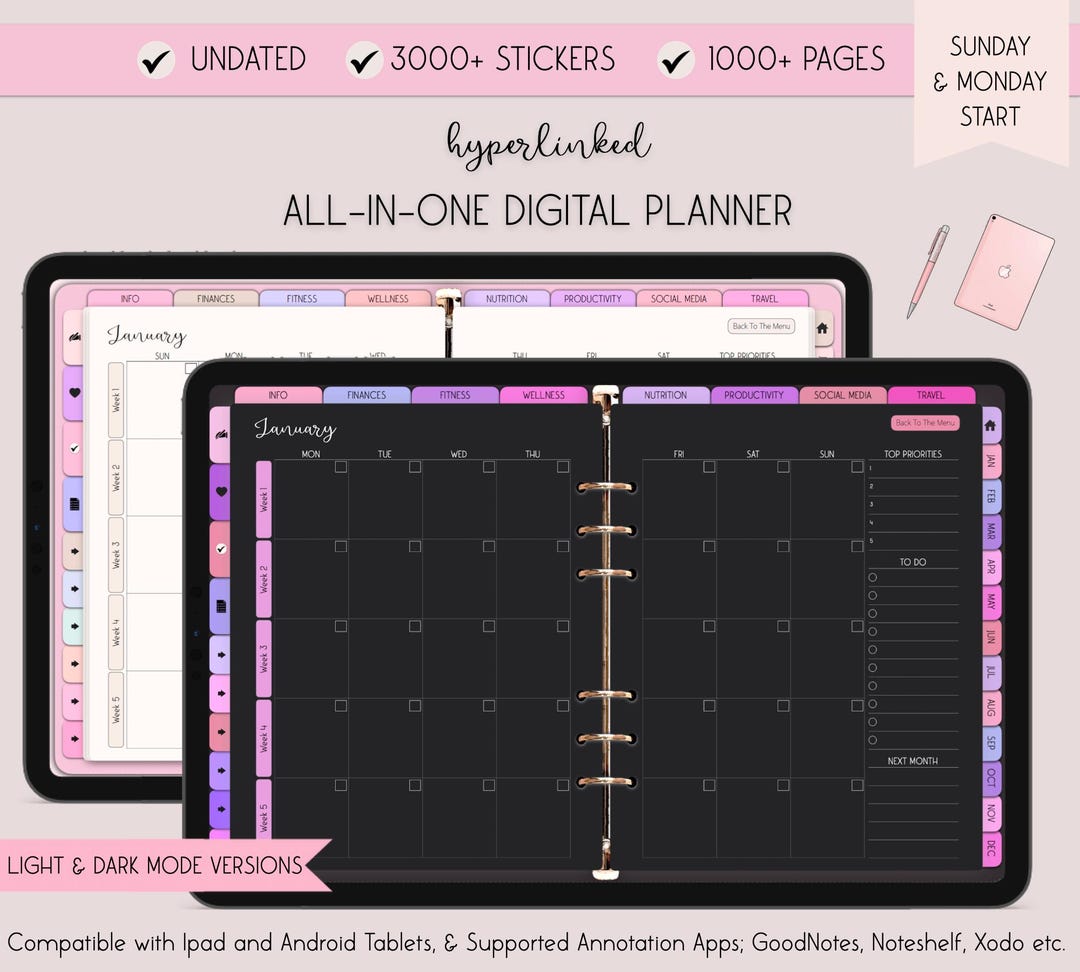 Dark Mode Digital Planner, Digital Life Planner, Undated Digital ...
