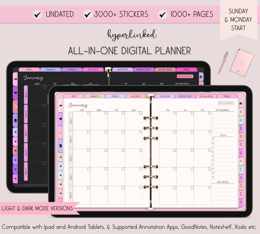 Dark Mode Digital Planner, Digital Life Planner, Undated Digital ...