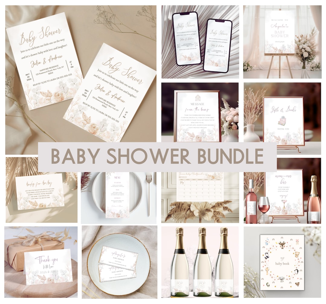 Baby Shower Invitation Bundle Printable White Pink Floral, Customizable ...