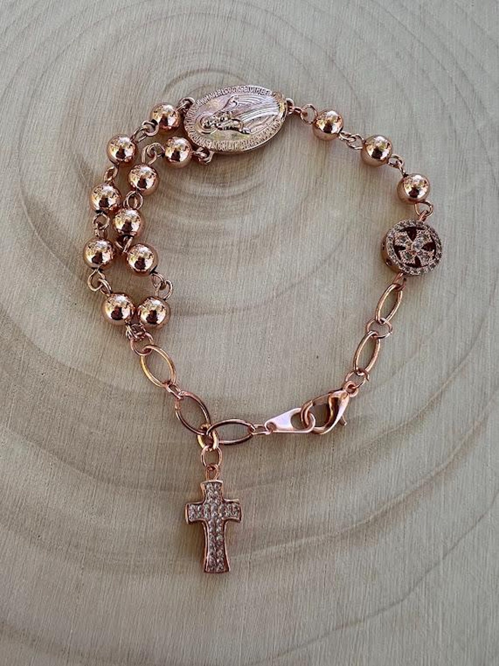 Rose Gold Rosary Bracelet: Hematite Beads, Miraculous Medal, Rhinestone ...