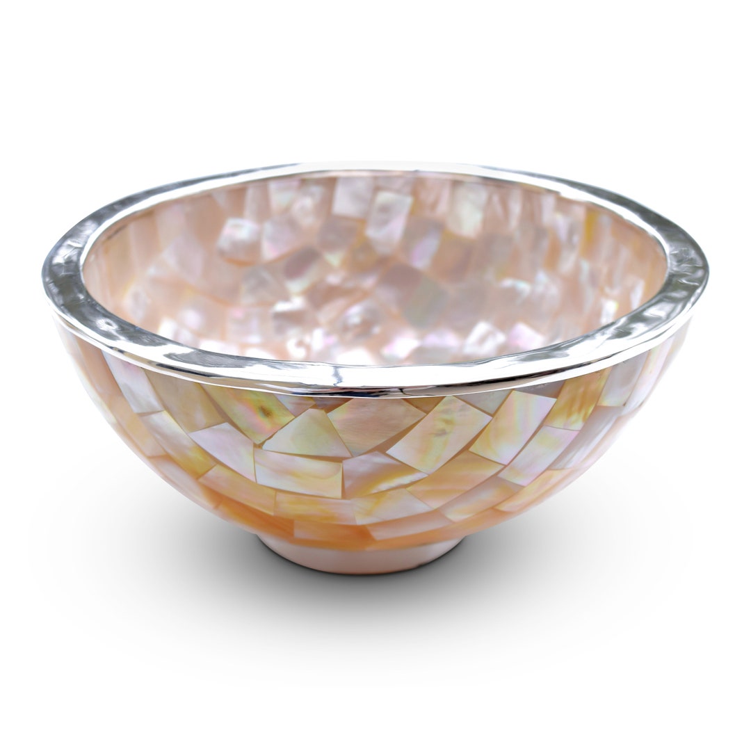 Round Laminated Mother of Pearl Bowl With Sterling Silver Trim on Rim ...